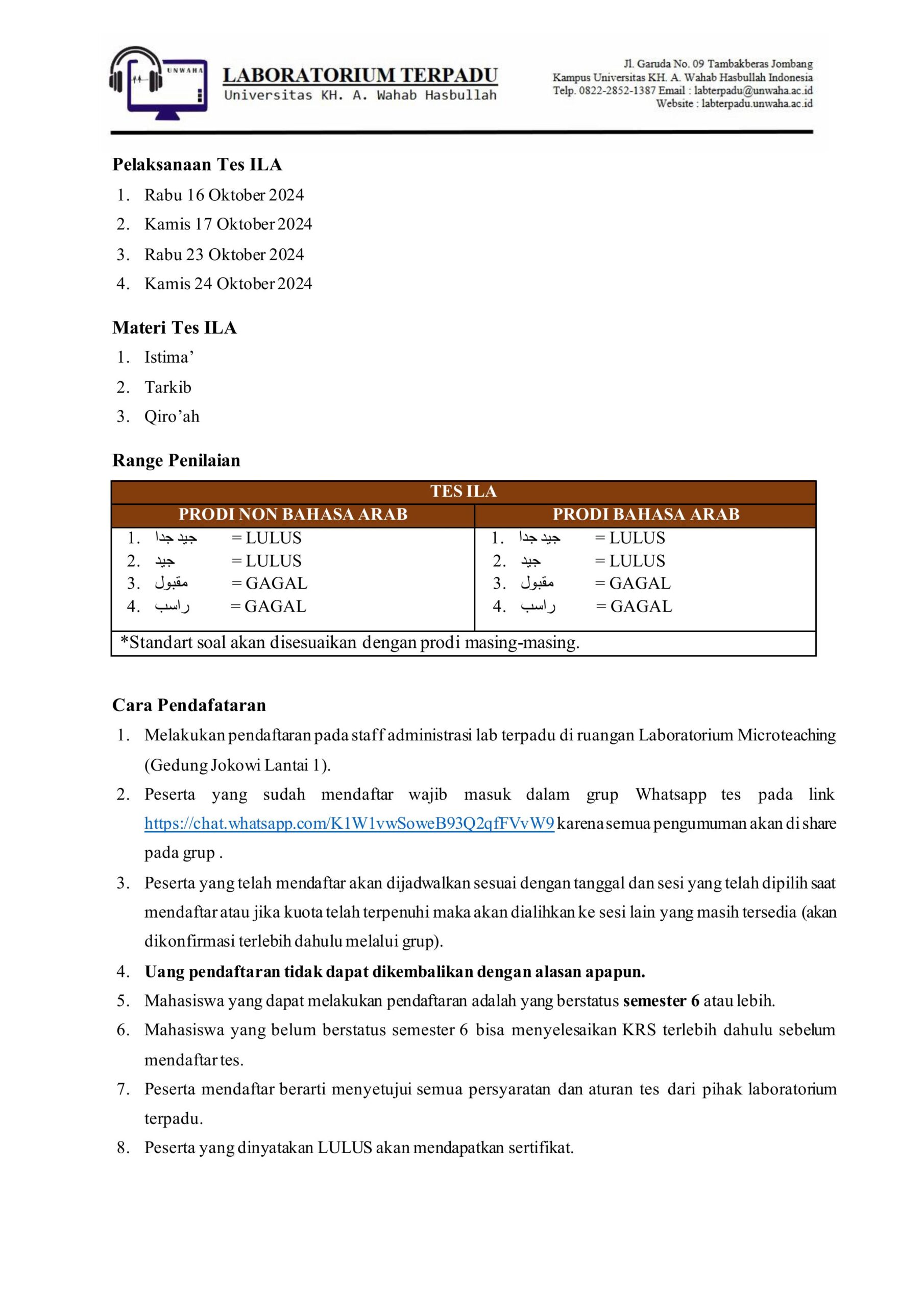 Pengumuman Pendaftaran Tes Kecakapan Bahasa Arab (ILA) Periode Oktober ...