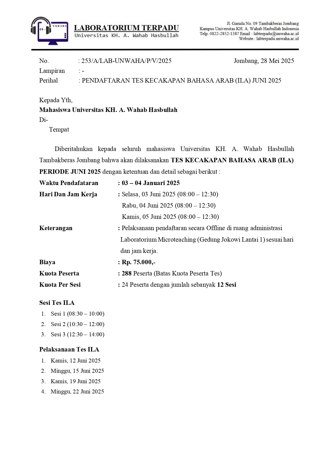 Pendaftaran Tes Kecakapan Bahasa Arab (ILA) Periode Juni 2025 ...